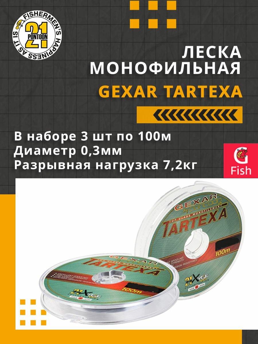 Леска для рыбалки монофильная Pontoon21 Gexar Tartexa 0,3 мм (светло-серый) 3 шт по 100 м