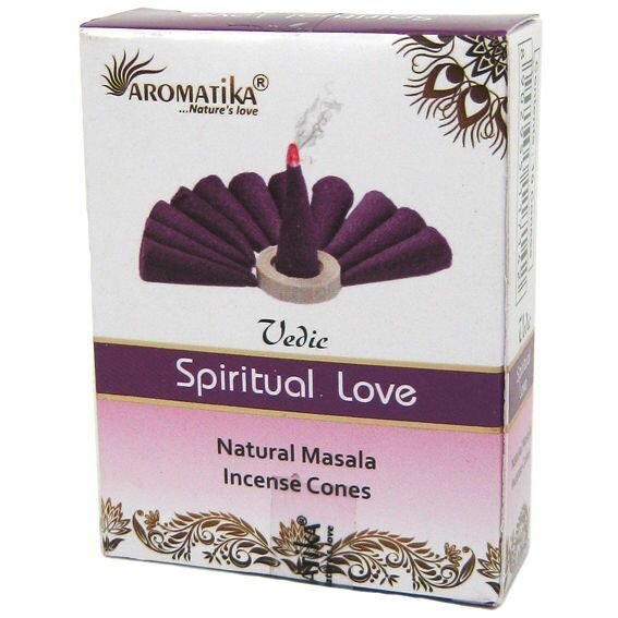 Vedic SPIRITUAL LOVE Natural Masala Incense Cones, Aromatika (Ведик духовная любовь, натуральные конусные благовония, Ароматика), уп. 10 конусов.