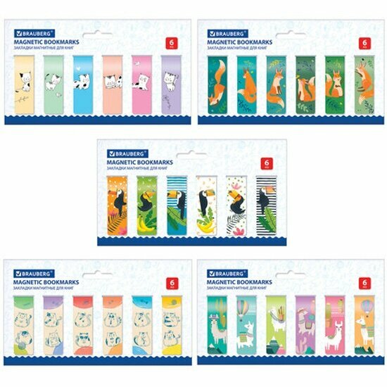 Закладки для книг Brauberg магнитные, "ANIMALS", набор 30 шт, 60x20 мм, , 113176