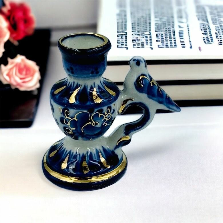 Подсвечник для церковной свечи Птичка, Золотая Гжель 6 см