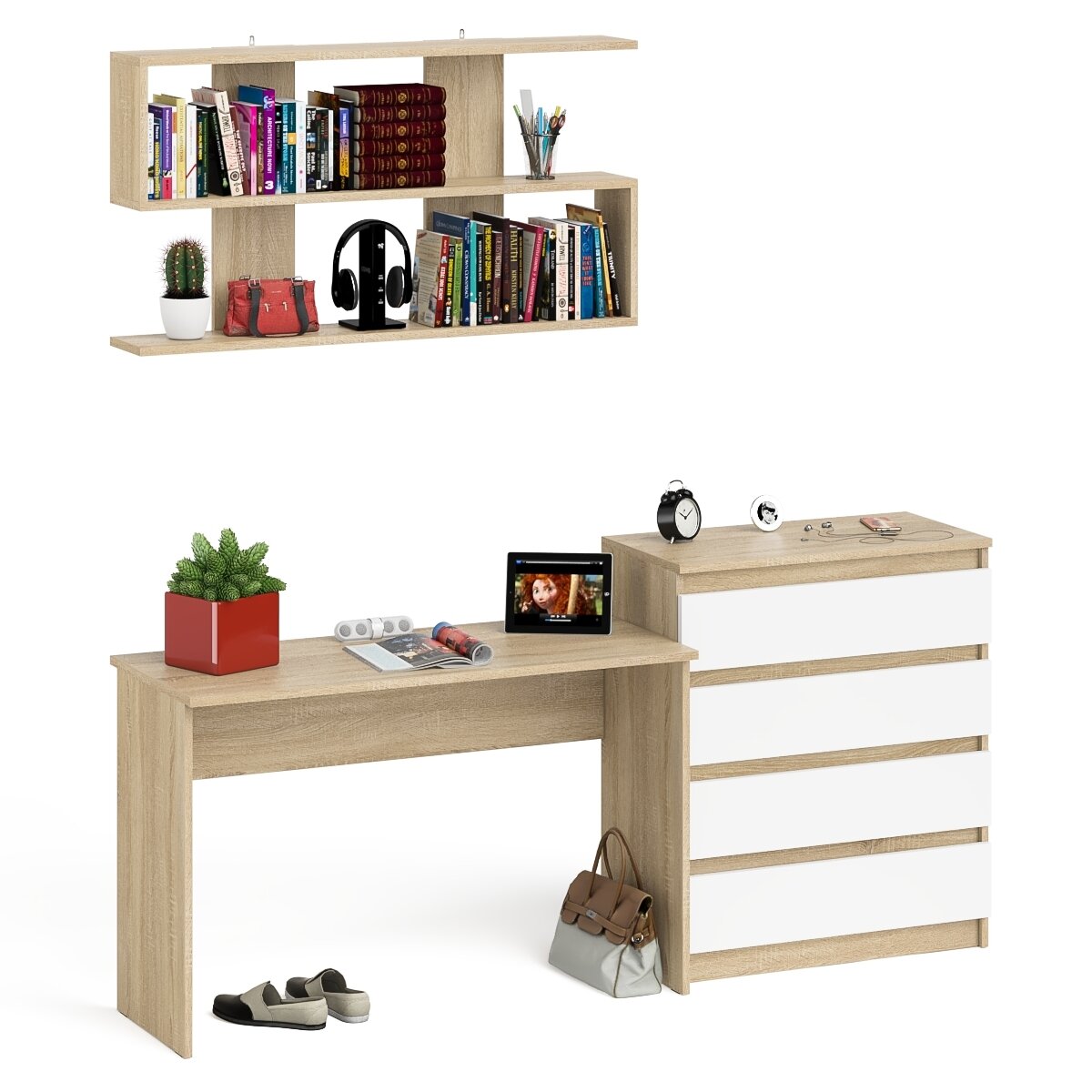 Стол письменный Мори МСП1200.1 + Комод МК800.4 + Полка 1200, цвет дуб сонома/белый