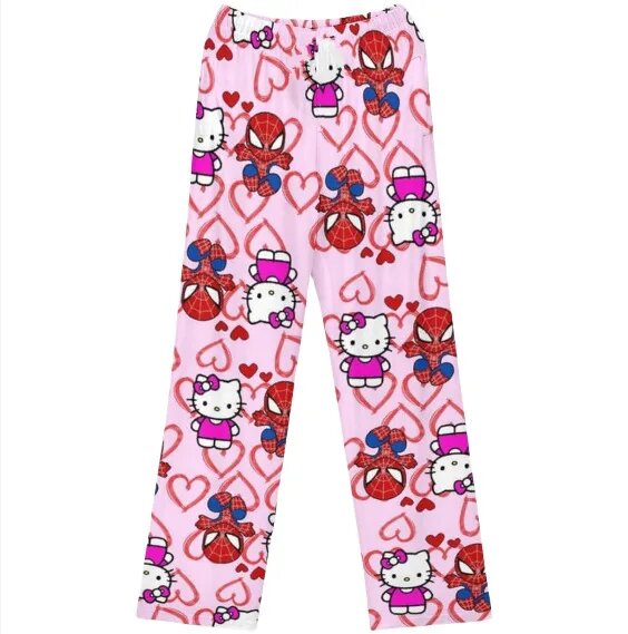 Пижамные штаны Hello Kitty из хлопка, женские, мужские, с рисунком из мультфильмов, свободные, для дома, для девочек, весенние, Размер: XL(55-65кг)