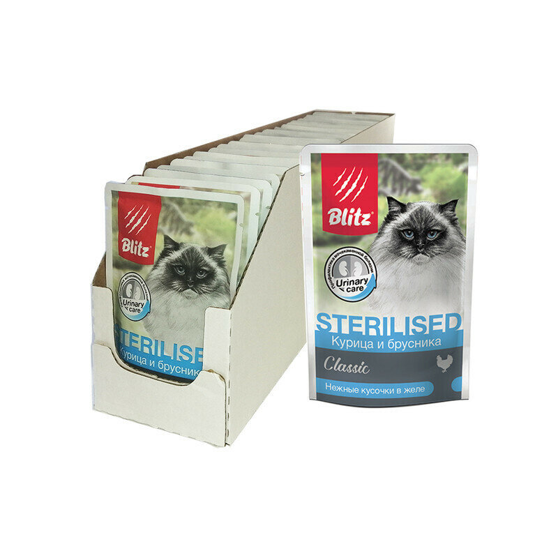 Blitz Classic Влажный корм для стерилизованных кошек и кастрированных котов, курица с брусникой в желе 85гр х 24 шт