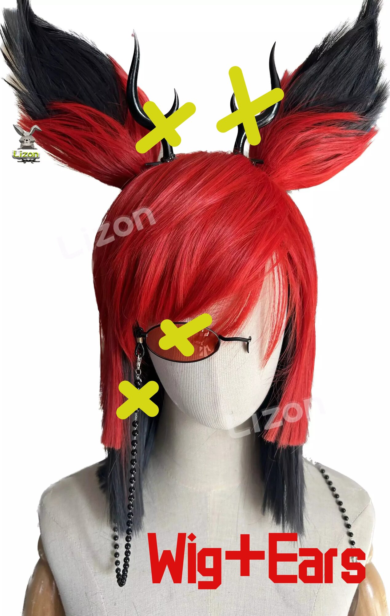 Tenokiki парик Аластор красный черный синтетический Желтый, Wig with ears
