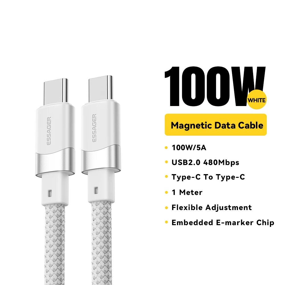 Essager Essager USB C To C 100 Вт Магнитный кабель для быстрой зарядки для iPhone 15 65 Вт Тип C To C Провод для зарядки данных для ноутбука Samsung C-C 100W White