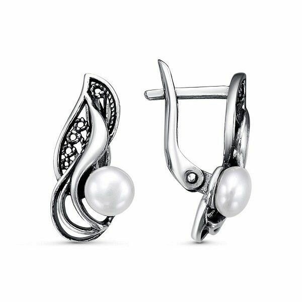 Серьги, серебро, 925 проба, чернение, жемчуг культивированный