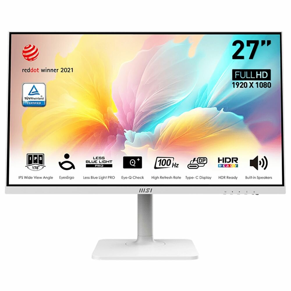 Монитор 27" MSI Modern MD2712PW IPS, 1920x1080, 100Hz, 4ms, 300сd/m, 1000:1, HDR | HDMI(1.4b), Type-C(PD-15W) | HAS, Pivot, Swivel, ExPSU, Speakers, Vesa 75, White