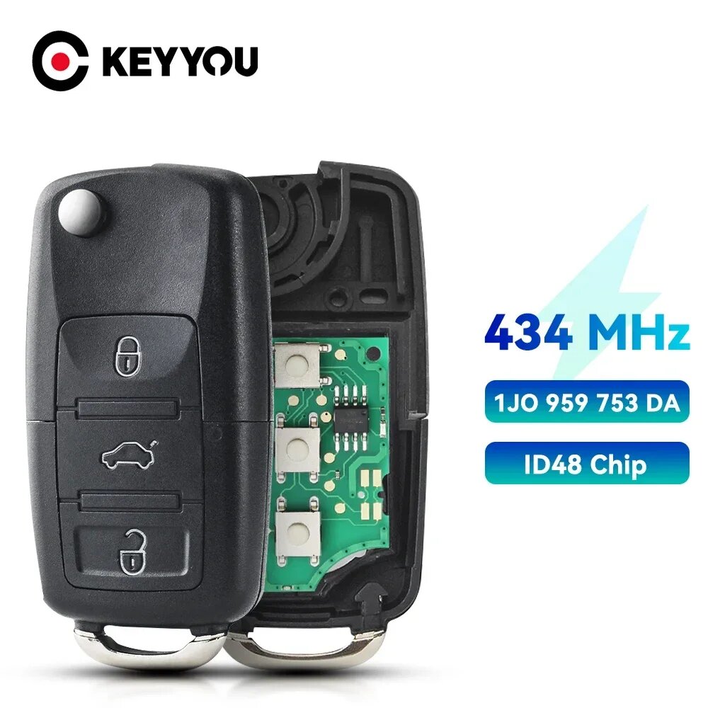 Универсальный Ключ-пульт KEYYOU 433 МГц ID48 Для Volkswagen Golf, Passat, Polo, 3BTN 1JO959753 DA