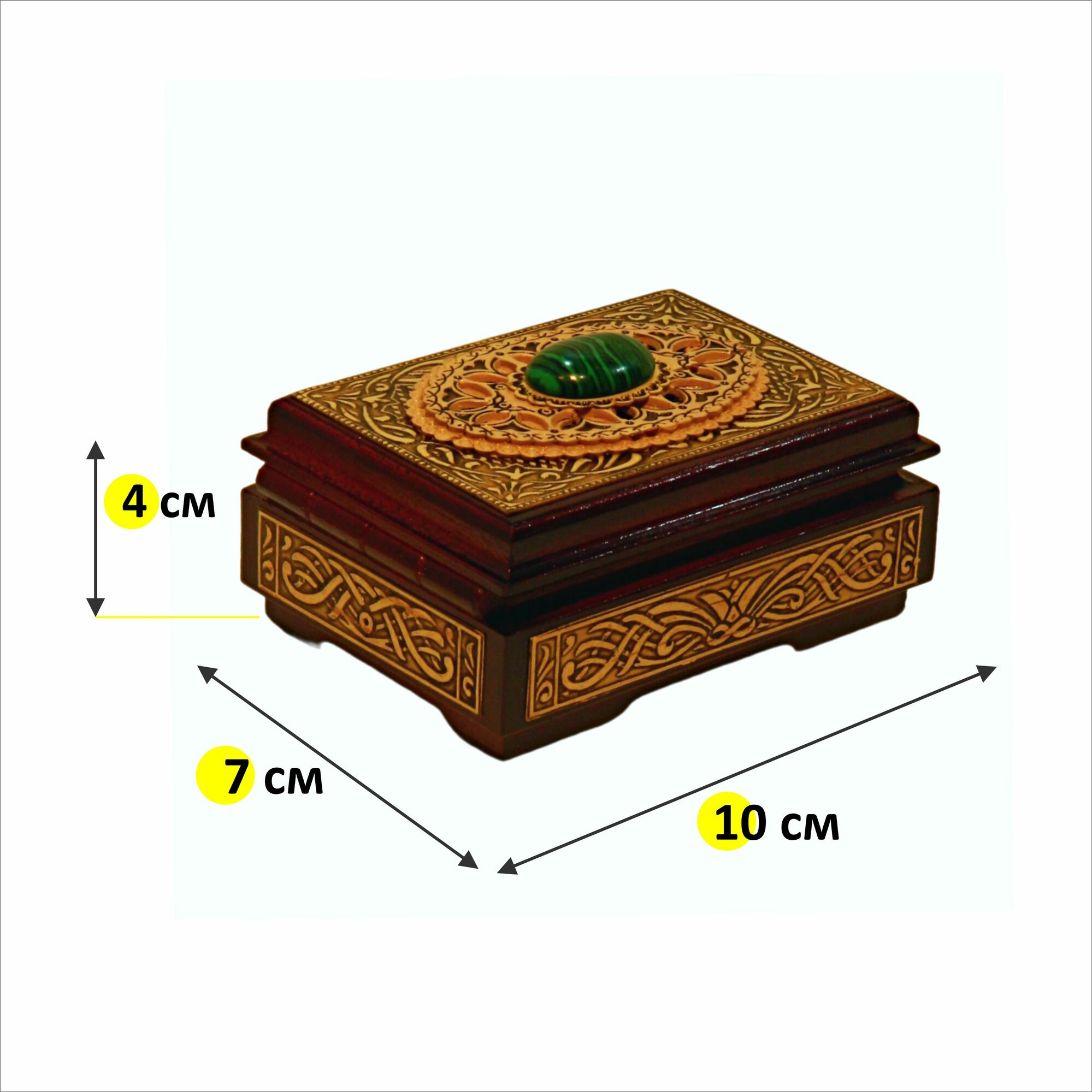 Шкатулка для украшений деревянная с декором из бересты и малахитом
