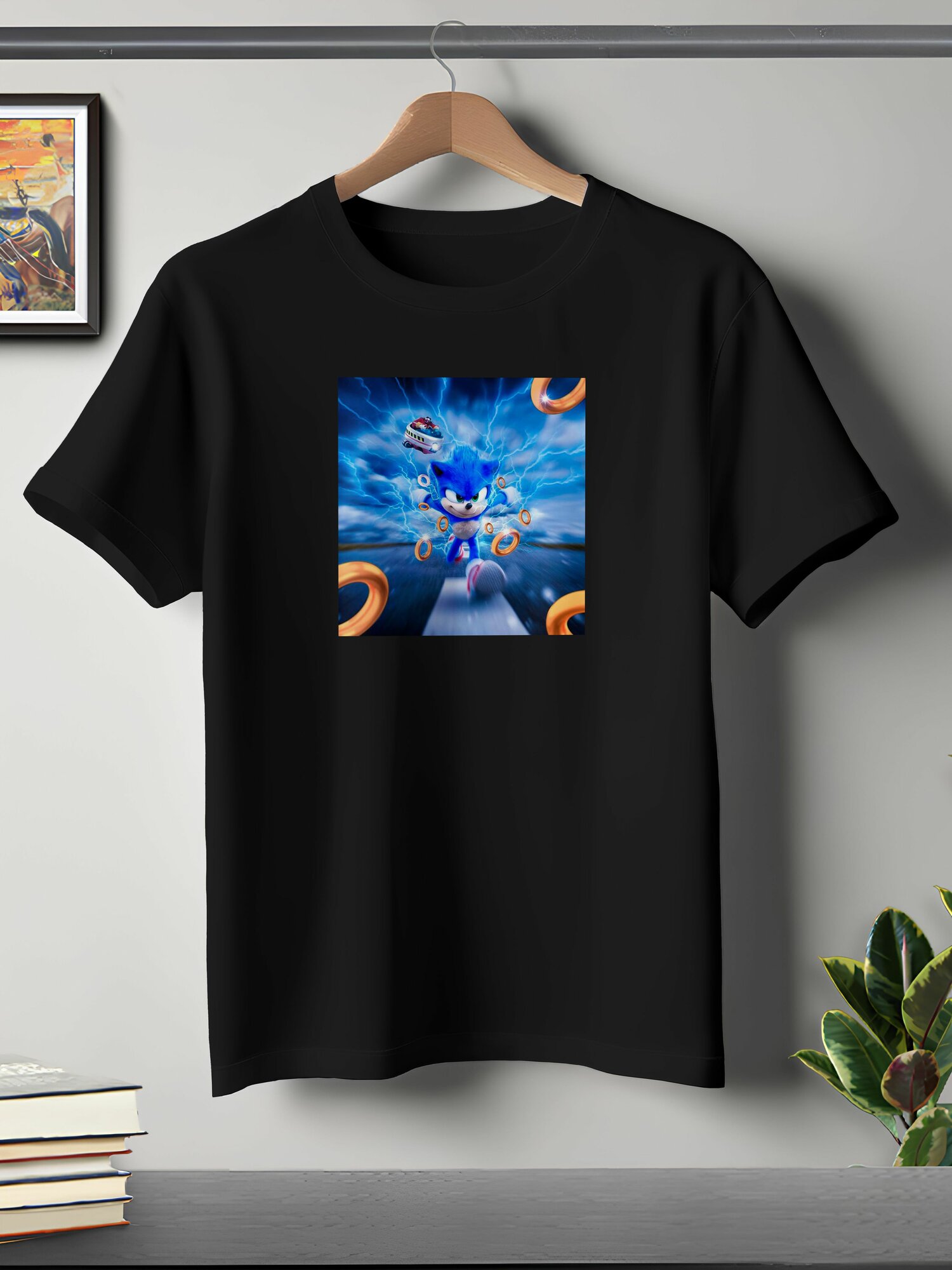 Футболка  ONEQ унисекс 52-54 (XXL) размер с принтом Соник, черная