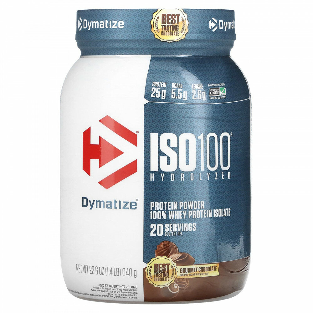 Dymatize, ISO100®, гидролизованный 100% изолят сывороточного протеина, со вкусом изысканного шоколада, 650 г (1,43 фунта)
