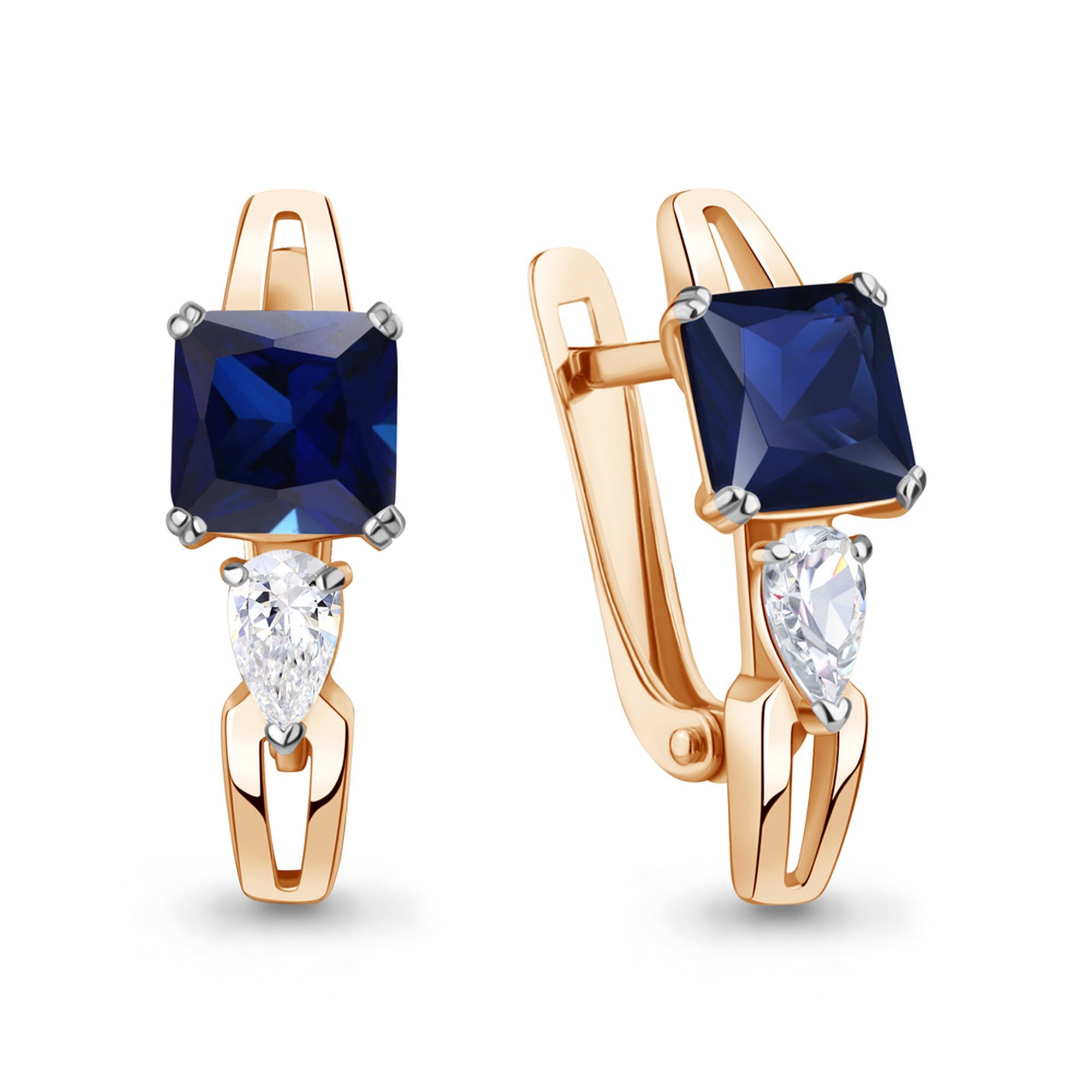 Серьги, серебро, 925 проба, золочение, фианит, сапфир синтетический