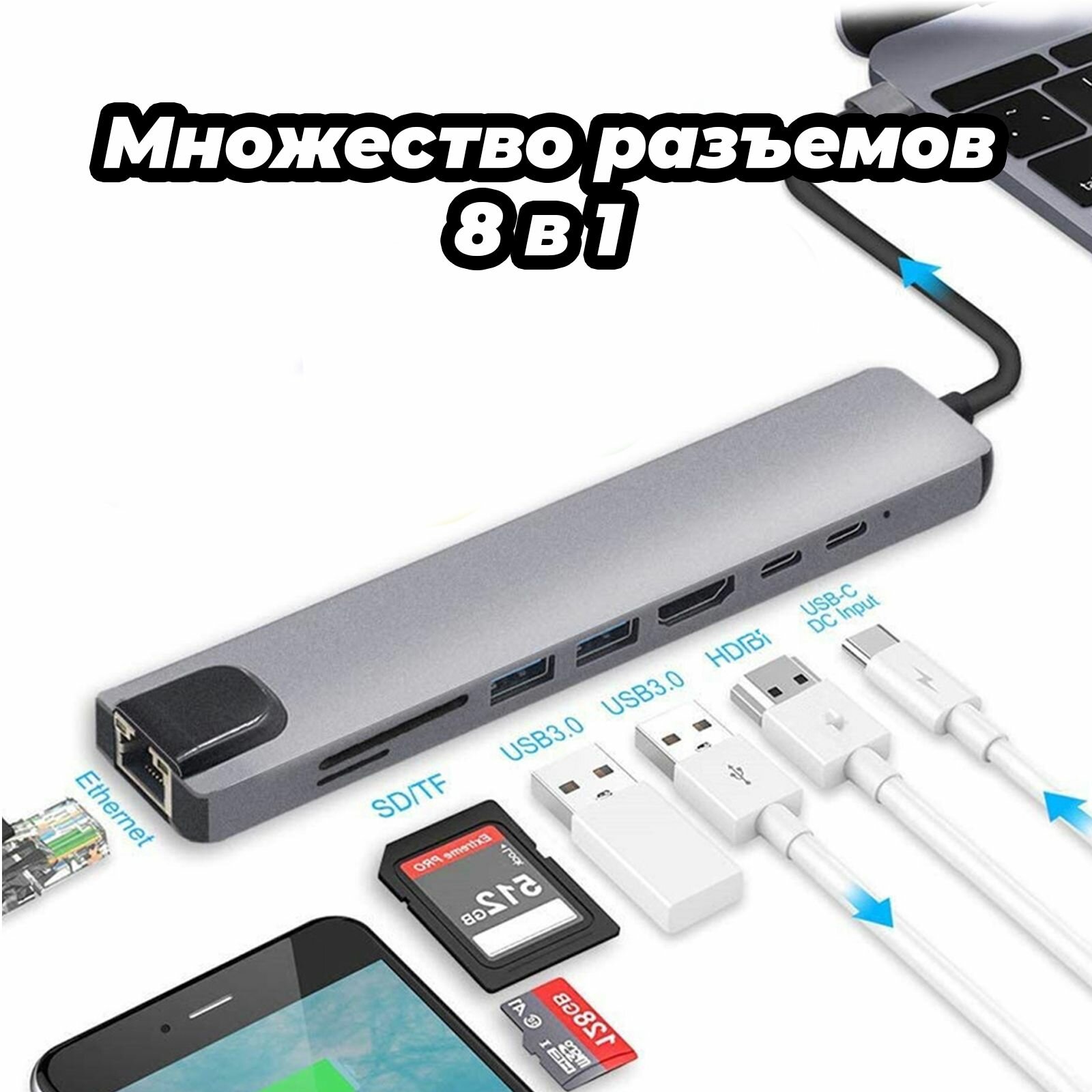 USB разветвитель 8 в 1 USB HUB Type C док станция Usb 3.0 хаб 3 0 переходник концентратор адаптер thunderbolt 4k Hdmi RJ45 TF SD картридер для ноутбука для макбука USB-2.0 Type-c