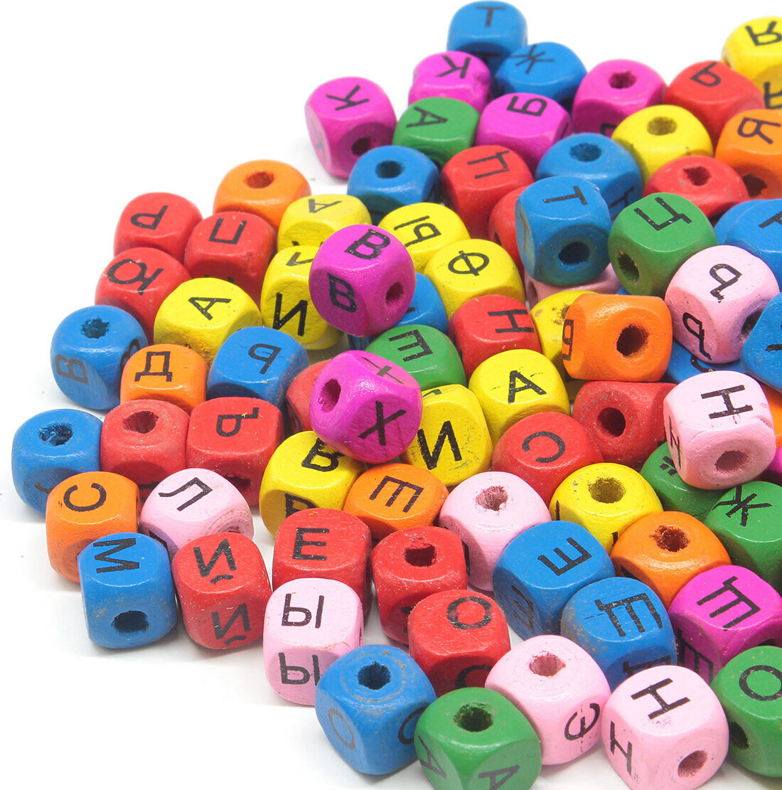 Бусины деревянные, с буквами Рус. алфавит, цвет. микс, куб, 10*10мм, 53гр, 100шт/упак, Astra&Craft