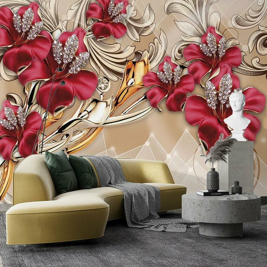 Фотообои Золотые маки 9-1603-M-Флекс 270 x 300 см (ВхШ) Бесшовные, флизелиновые, влагостойкие обои MasterFresok