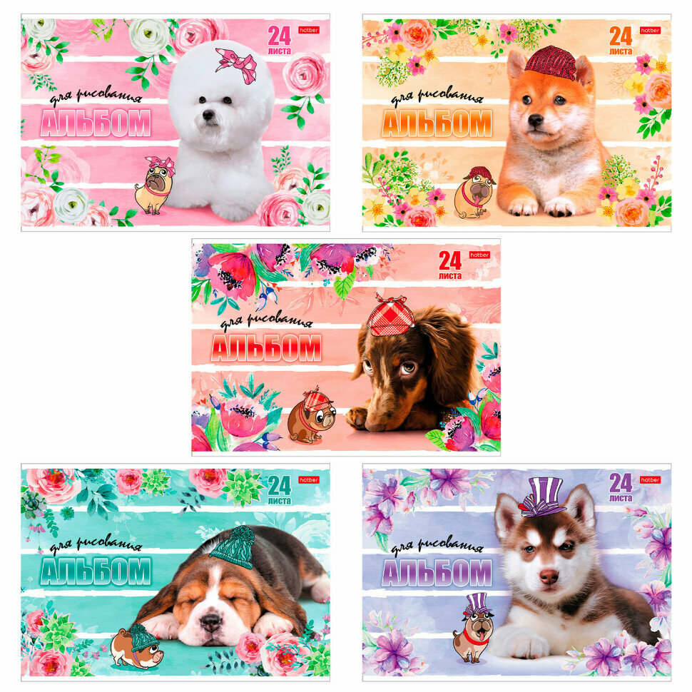 Альбом для рисования, А4, 24 листа, скоба, обложка картон, HATBER, 205х290 мм, "Любимцы", 004051, 24А4В, 103403