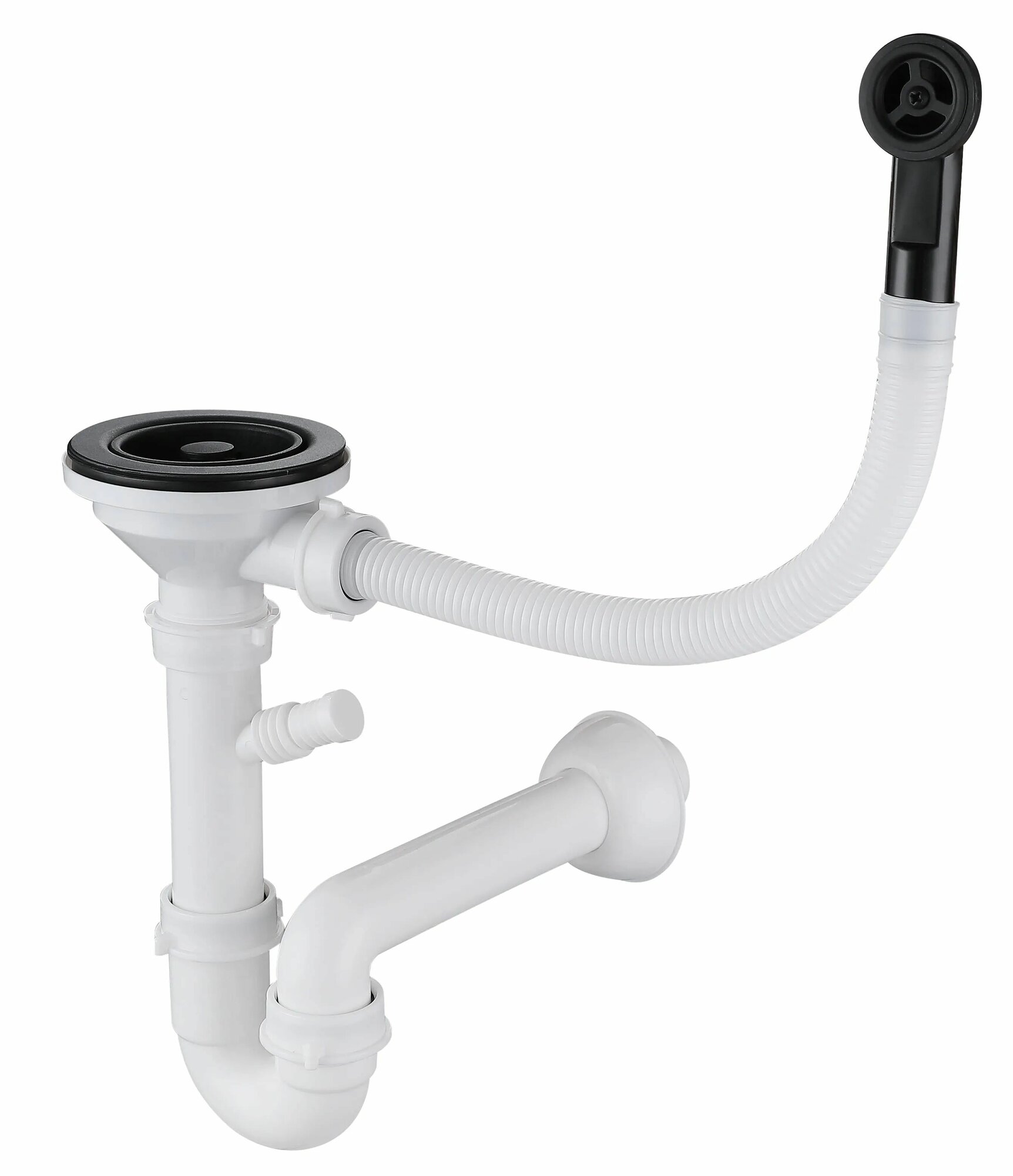 Сифон одинарный 3 1/2 для мойки Granfest с отводом для стиральной машины с круглым переливом, черный выпуск