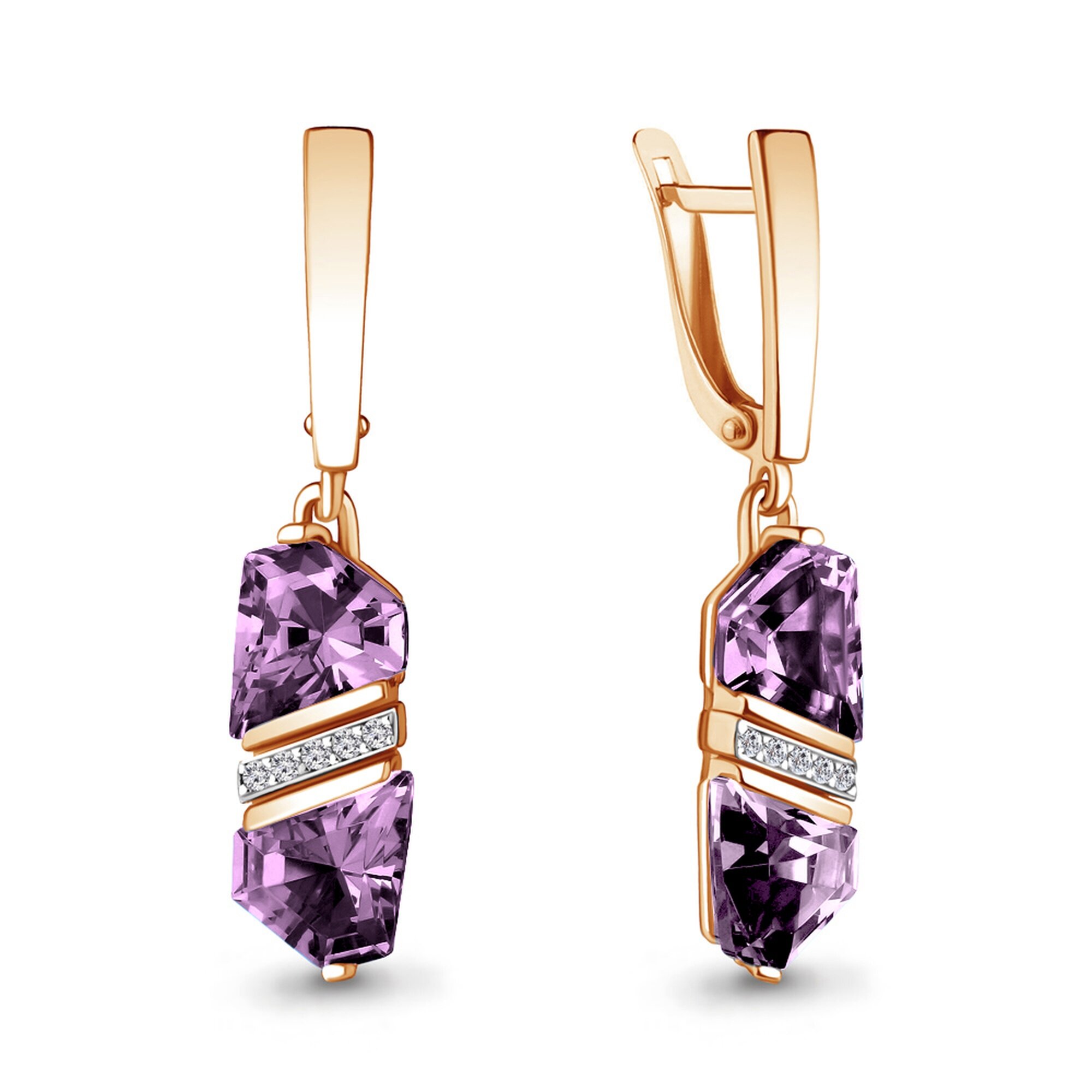 Серьги, серебро, 925 проба, золочение, фианит, аметист