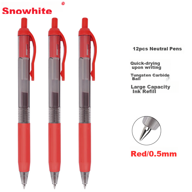 Snowhite Retractable Gel Pen for Students, Quick-Drying, Simple Ins Style Signature Pen, 0.5mm Bullet Tip, Office Stationery G-103, Red, 12 Pens/box