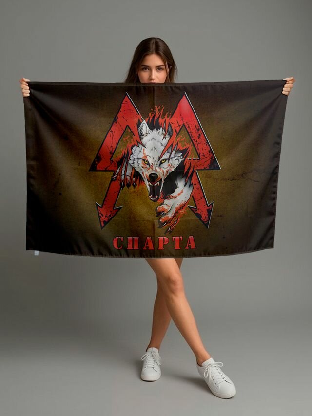Флаг батальона Спарта ДНР на чёрном фоне, 70х105 см на шёлке для ручного древка