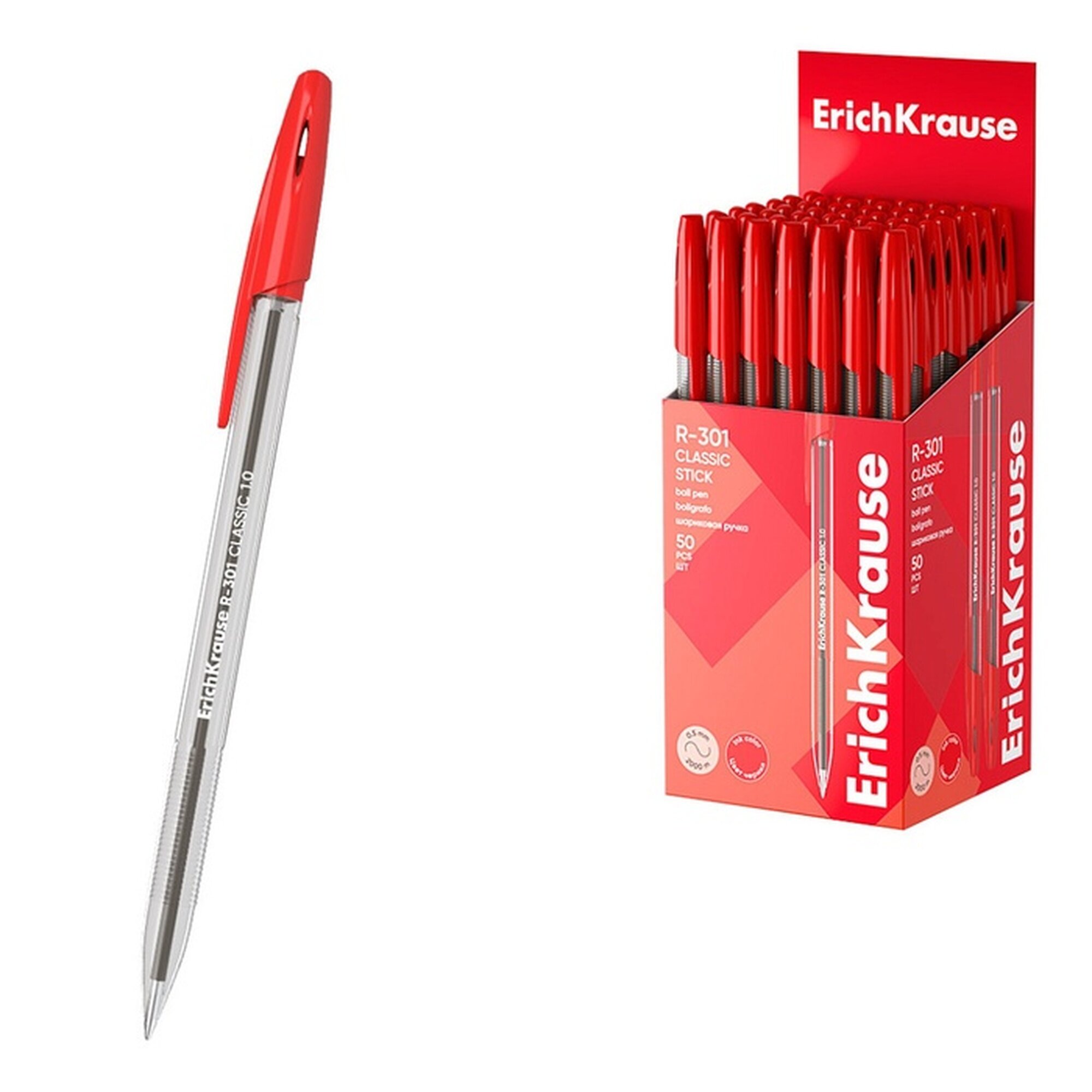 Ручка Erich Krause Classic Stick R-301, шариковая, красные чернила, 2000м, пластик, шестигранная