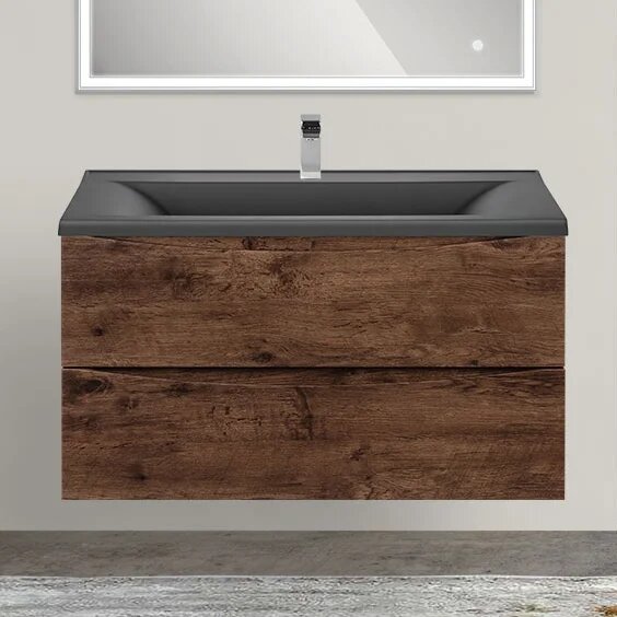 Тумба с раковиной Vincea Mia 90 подвесная, 90 см, темное дерево, матовая, из МДФ, с ящиками, раковина для ванной, из искусственного камня, прямоугольная