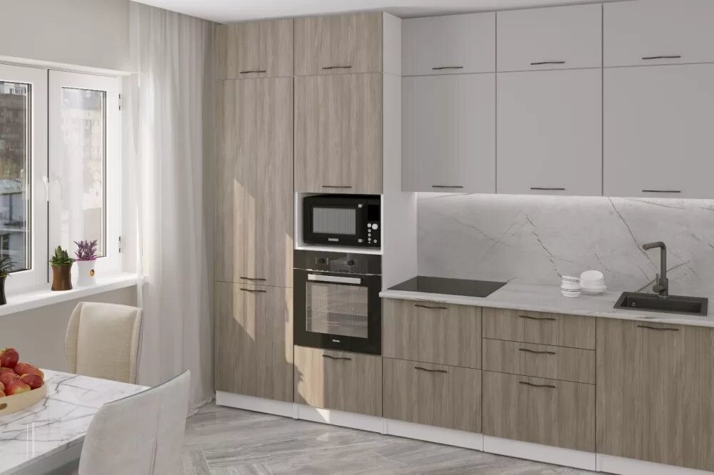 Кухонный гарнитур Герда Парма экстра 3 3000 мм, каркас ЛДСП, фасад ЛДСП, Белый/Шиншилла серая/Джарра