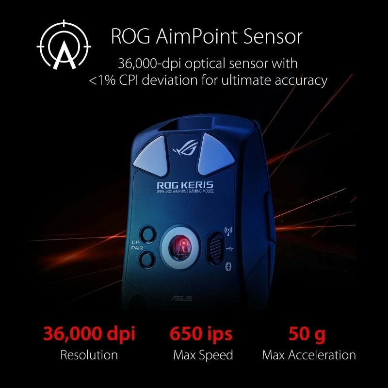 ASUS ROG Keris Wireless AimPoint Sensor Игровая мышь с разрешением 36000 точек на дюйм с поддержкой ROD Speed Nova Wireless и NVIDIA Reflex