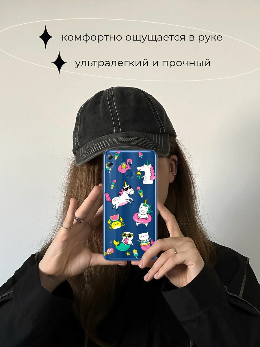 Чехол на Honor 8X / Хонор 8Х с принтом "Единороги в отпуске", прозрачный — фото 1