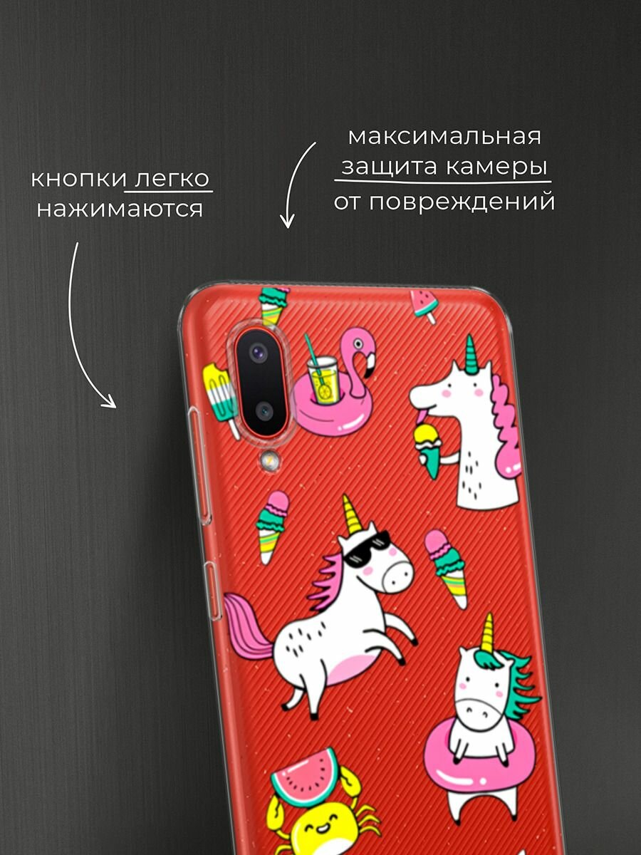 Чехол на Samsung Galaxy A02 / Самсунг Галакси А02 с принтом "Единороги в отпуске", прозрачный — фото 1