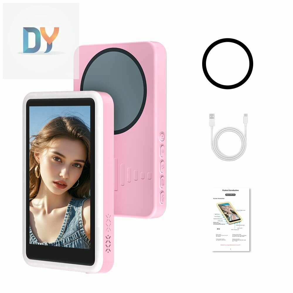 Магнитный селфи-монитор 3.97" с LED-кольцем 3000-6500К, Bluetooth-пульт, 4ч аккум розовый