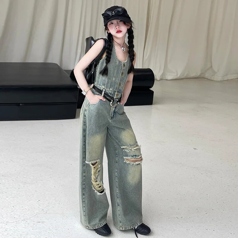 LI Mall Денимовые боди для девочек изорванные монобрюки уличного стиля для подростков