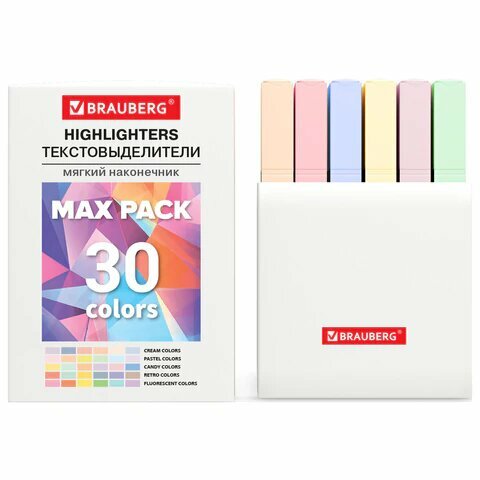 Набор текстовыделителей 30 цветов BRAUBERG "SUPER MIX", линия 1-5 мм, мягкий скошенный наконечник, 152539