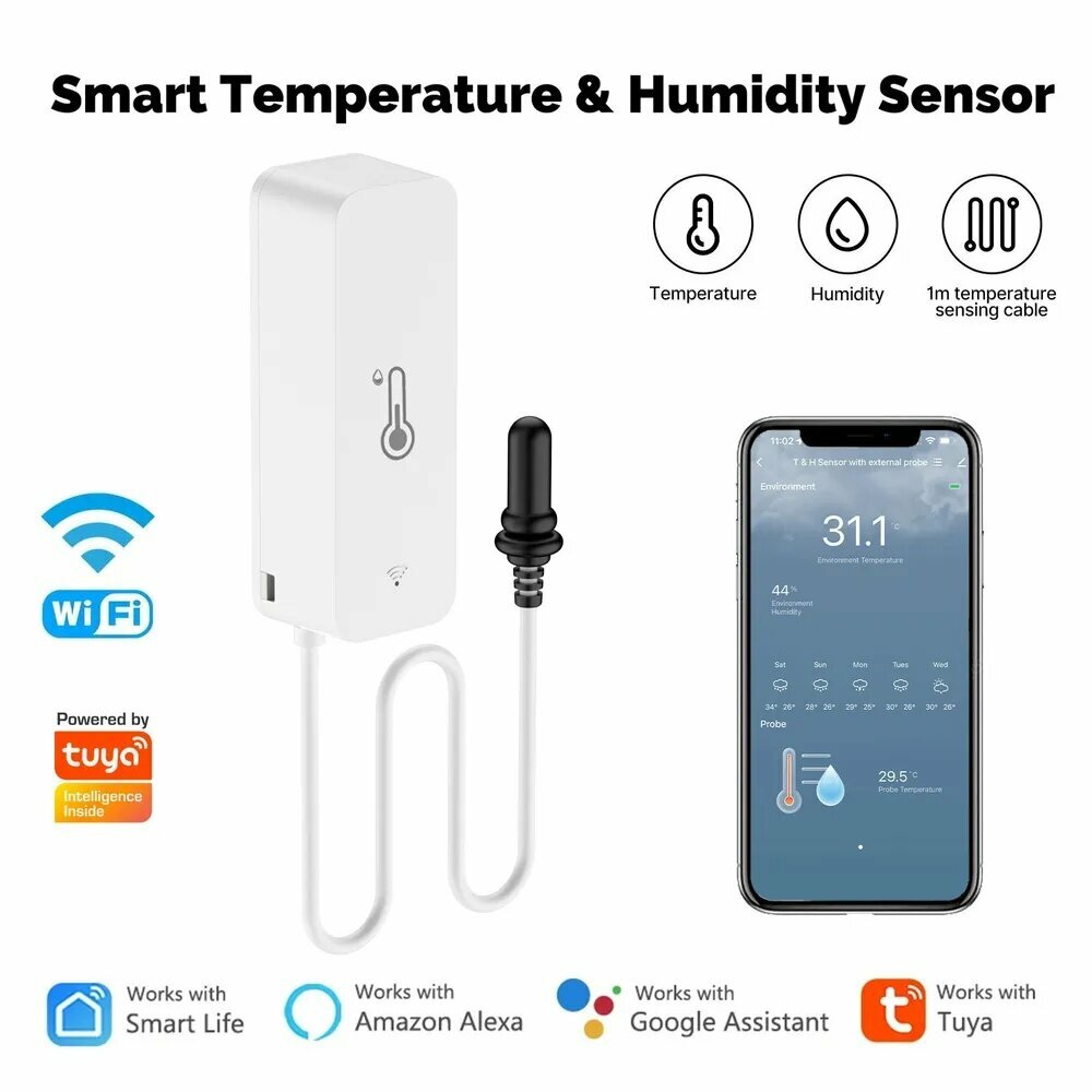 Умный датчик температуры и влажности WiFi Tuya, с проводным датчиком
