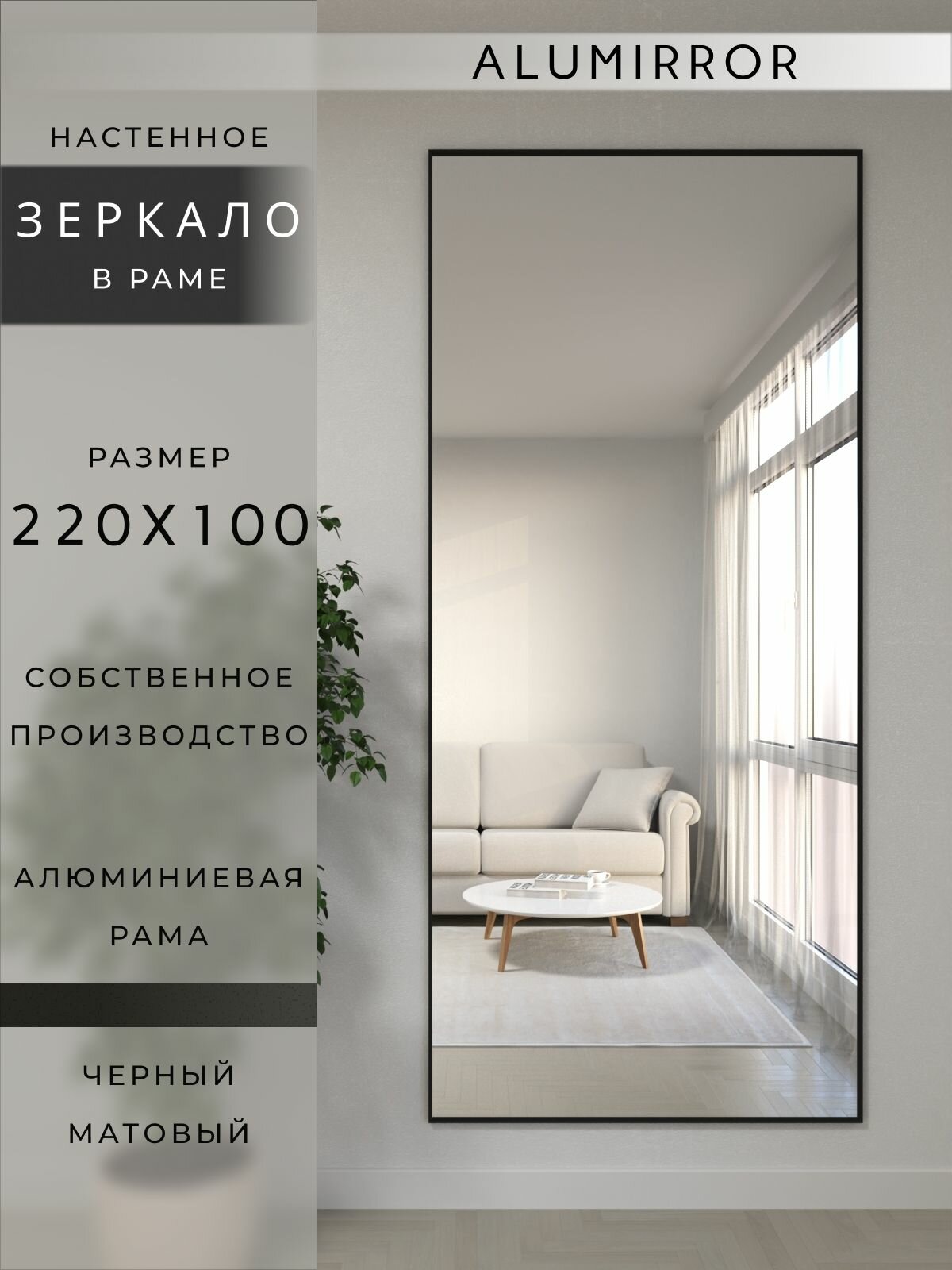 Зеркало настенное 220х100 см. черное в алюминиевой раме интерьерное ALUMIRROR