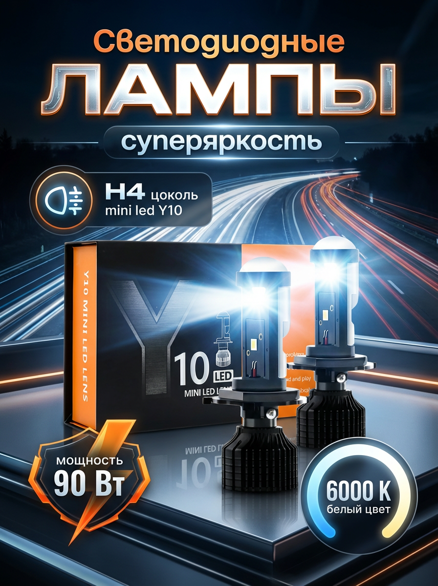Автомобильные лед лампы, H4, bi led мини линзы, Y10, Pro, mini, led, 90 Вт 6000К