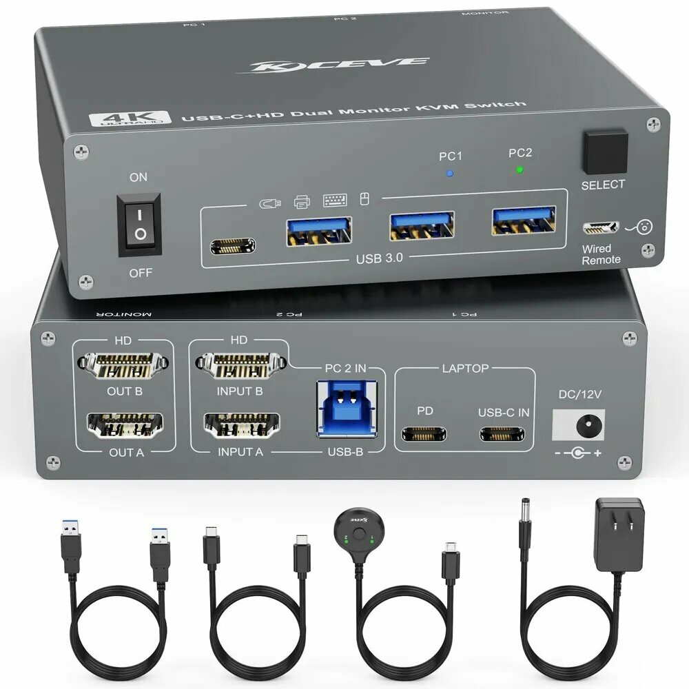 KVM переключатель 2 монитора 2 компьютера USB C HDMI