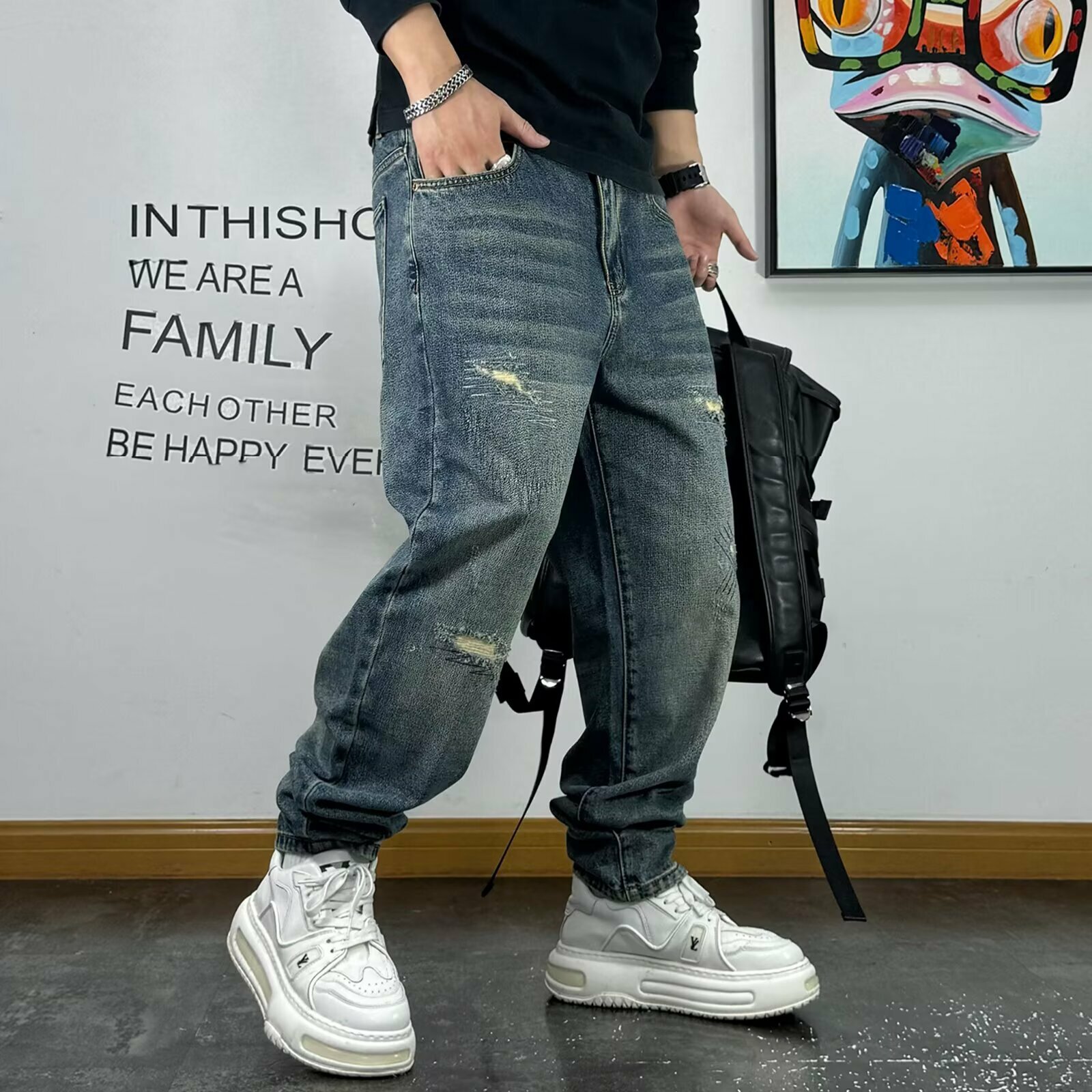 Тренд RONG CH Мужские Джинсы Потертые Пэч Лето Высокий Улица Кэжуал Деним, Размер_30