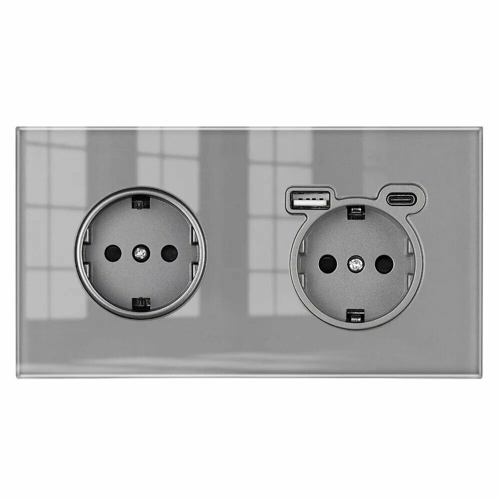 Розетка электрическая 3 поста с Usb и и type-c портами розеткой Eu 220, Комплексное закаленное стекло, серый