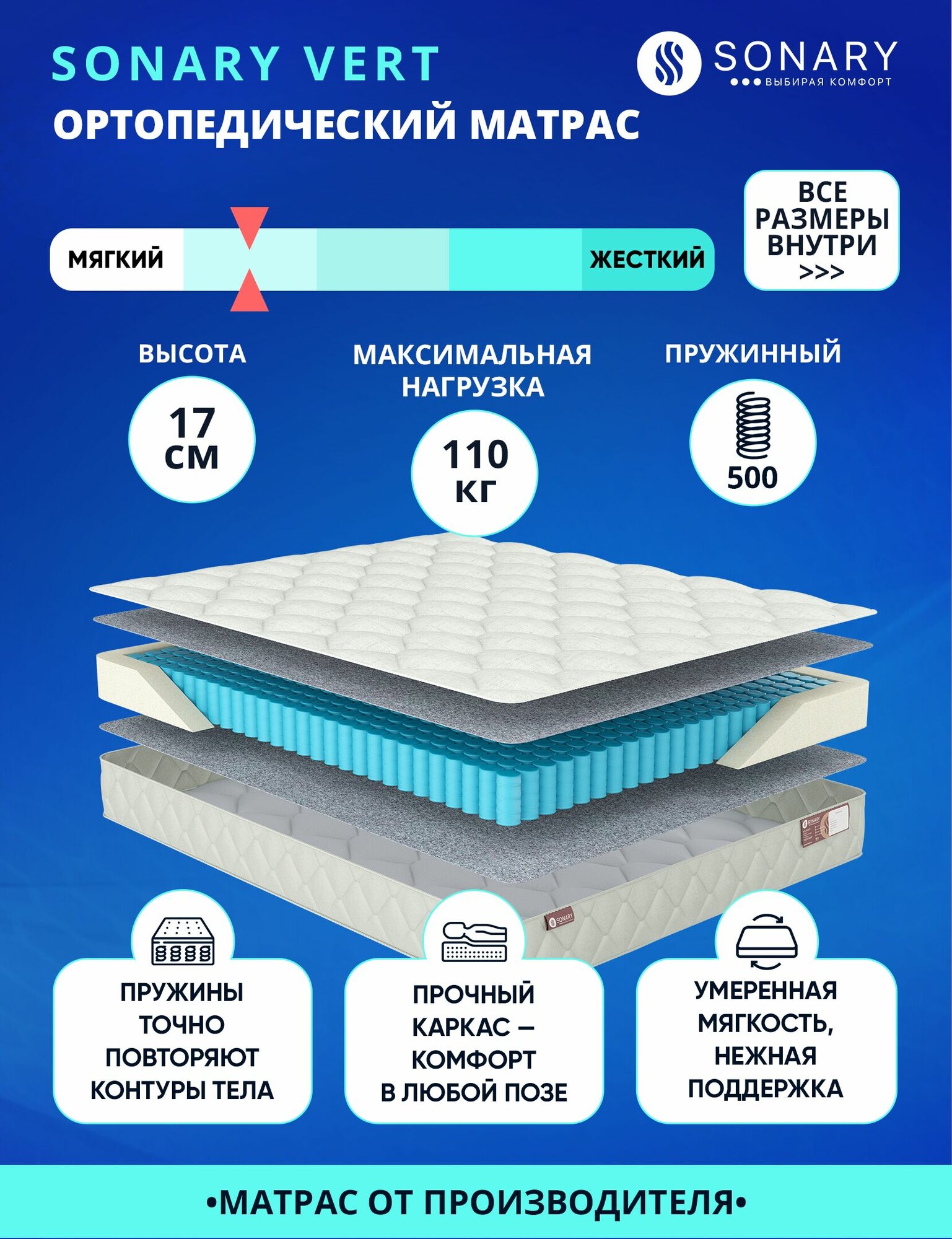 Матрас Sonary Vert 165х190 серии Urban высота 17 см анатомический средней жесткости Независимые пружины