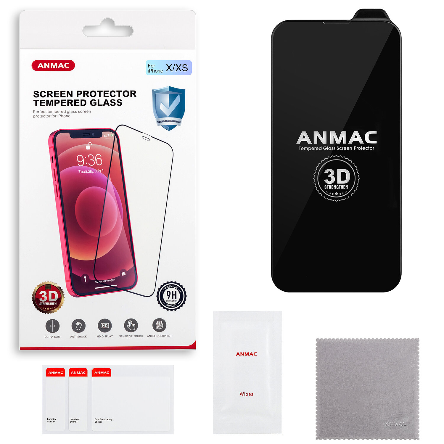 Защитное стекло IPh XS/X 3D ANMAC черное усиленное Арт.1137190