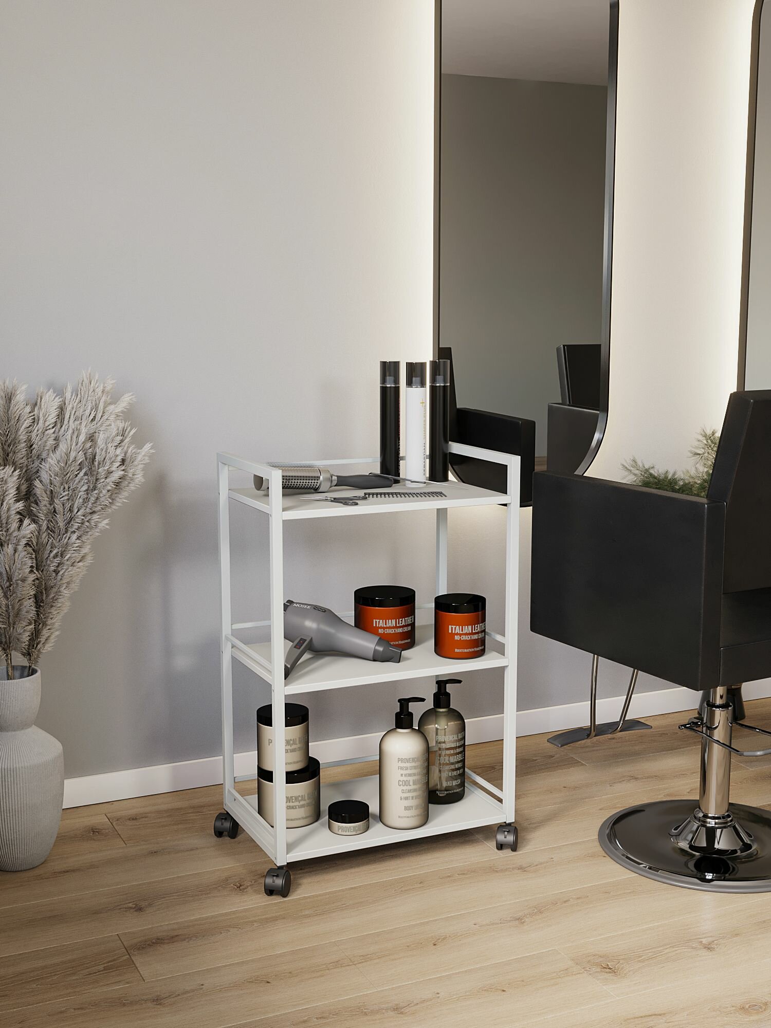 Этажерка косметологическая для мастера подкатная на колесиках белый/белый
