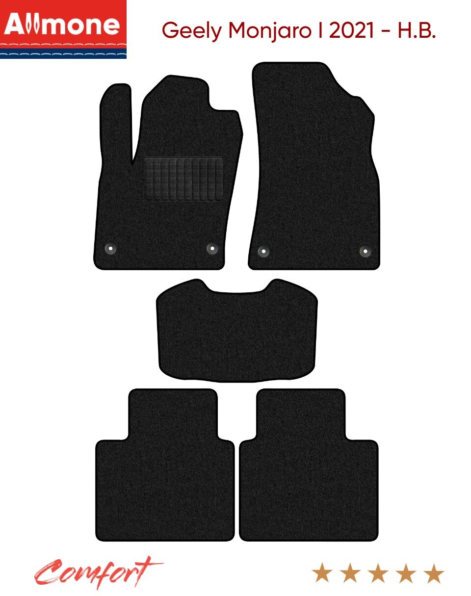 Ворсовые коврики для Geely Monjaro 1 (Гибрид) 2021 - Н. В, черные, Allmone, "Комфорт" 5шт, / Джили Монжаро 1