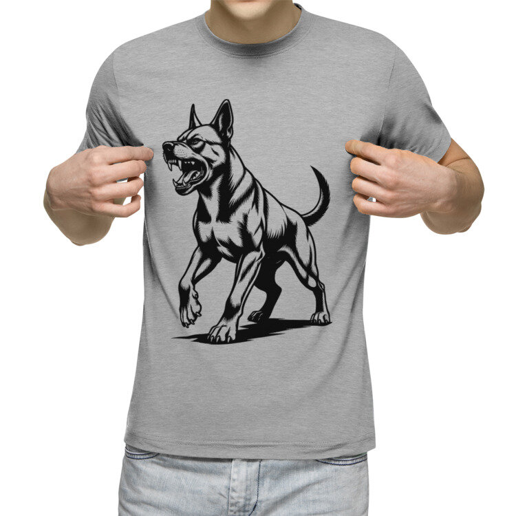 Мужская футболка «Агрессивный пёс боец» (серый меланж, 2XL)