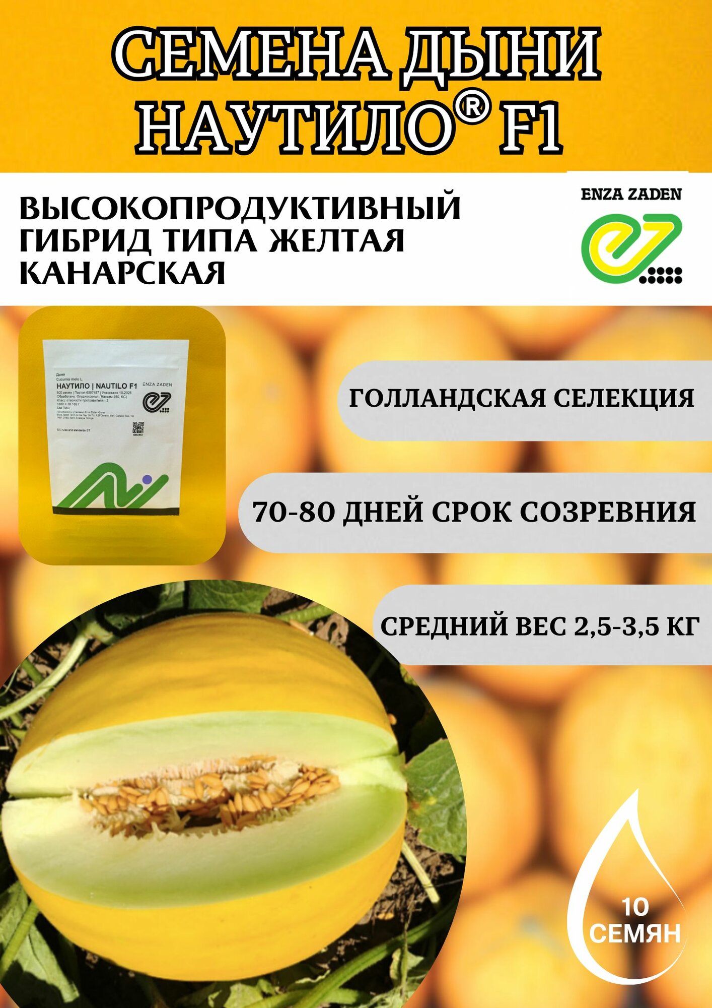 Семена дыни Наутило F1 10 штук Enza Zaden, профессиональные семена