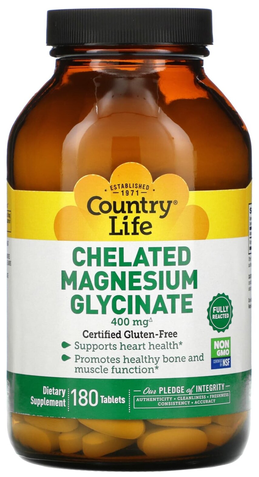 Хелатный Глицинат магния Country Life 400 мг 180 таблеток (Chelated Magnesium Glycinate)