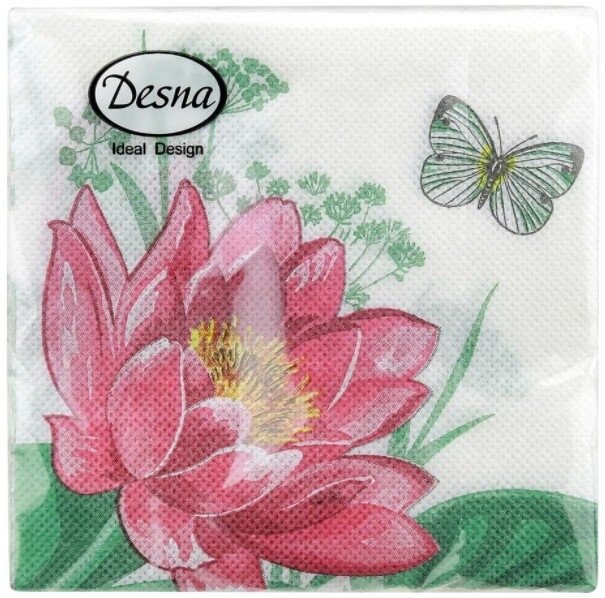 Салфетки бумажные DESNA / десна Водяная Лилия однослойные 100% целлюлоза, белые с рисунком 25×25см в упаковке 40шт. / для сервировки
