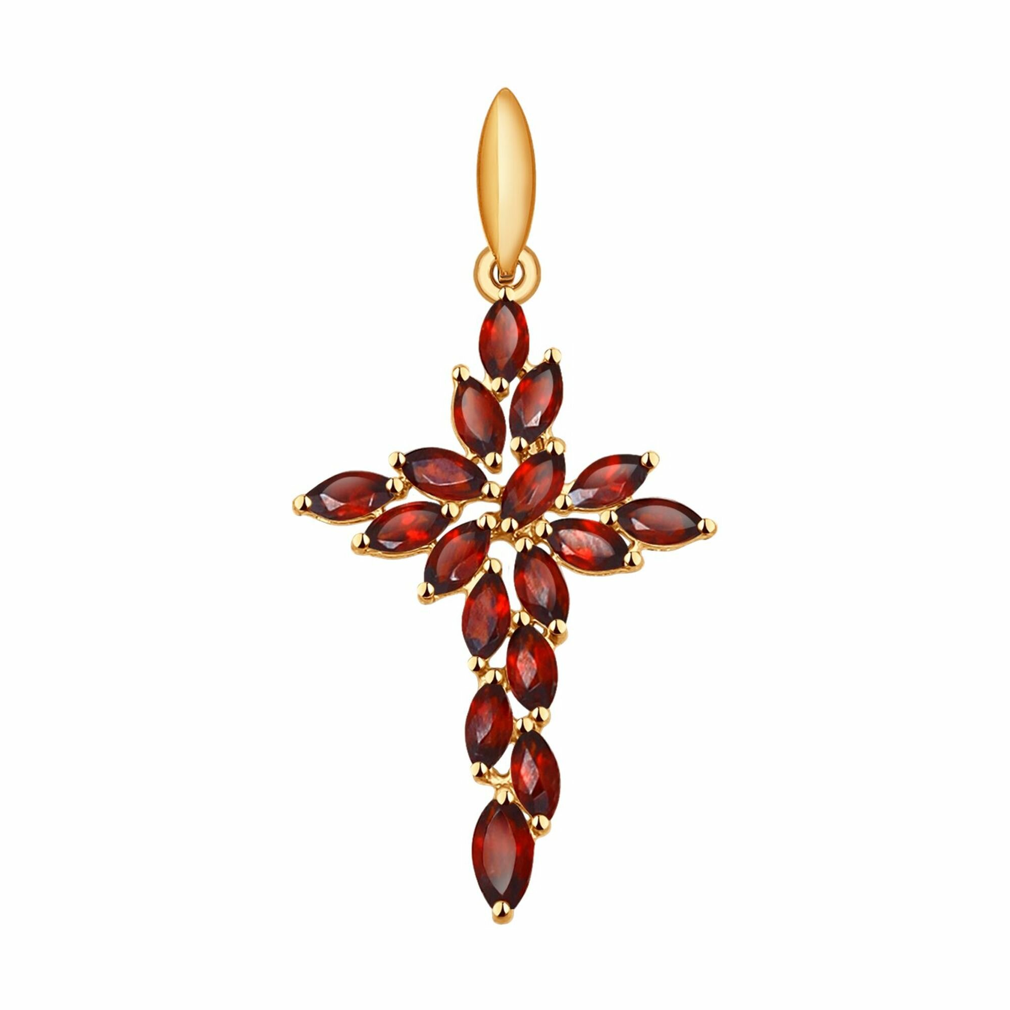 Крестик, красное золото, 585 проба, гранат