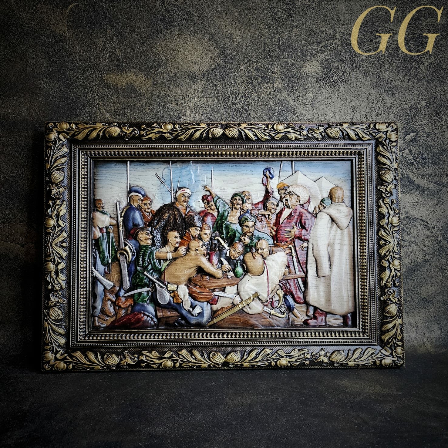 Панно "Казаки" дуб, камни Swarovski, поталь, сусальное золото, ручная отрисовка