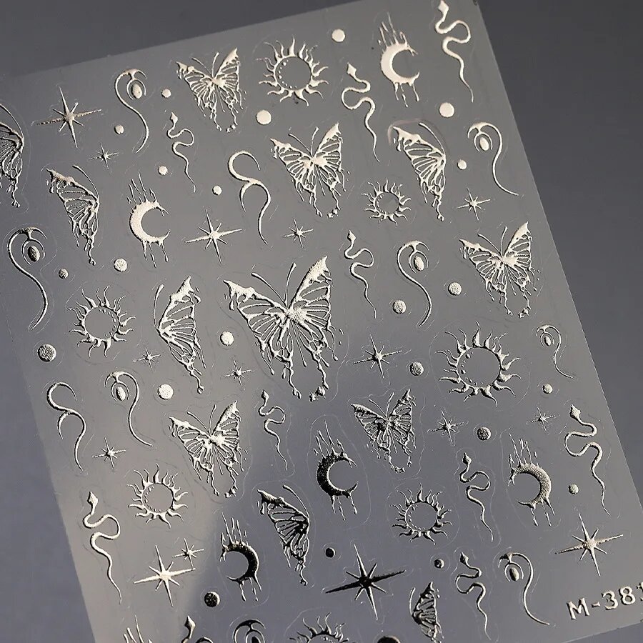 5D рельефный глянцевый штамп Серебряная Змея бабочка звездный свет молдиеная Луна солнце клейкие наклейки для ногтей Стикеры